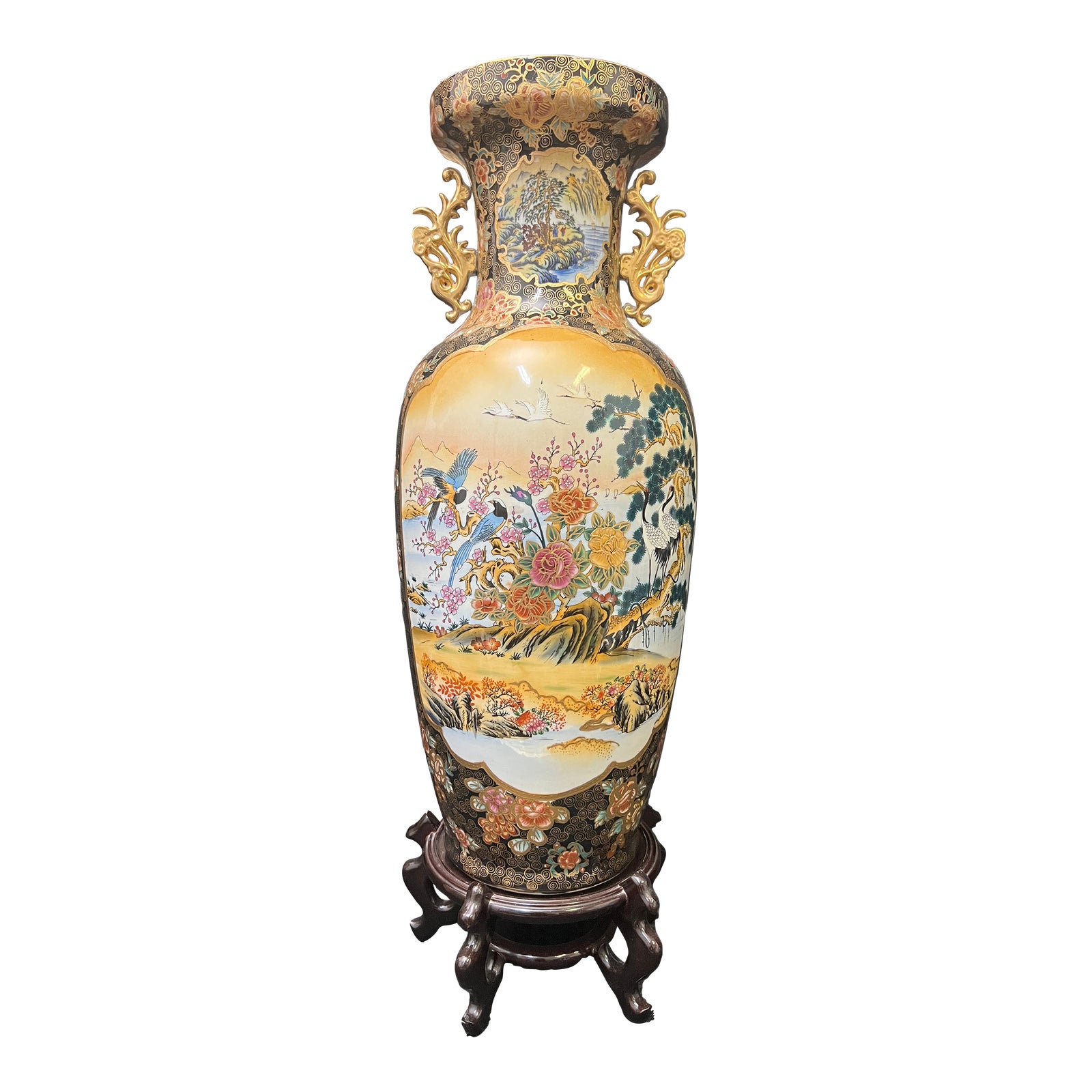1980s Large Gold Handle Chinese Porcelain Vase in Satsuma Design | Chairish
