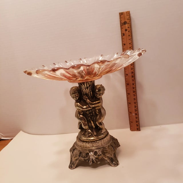 Antique Art Deco Cherub Metal & Pink Glass Compote | Chairish