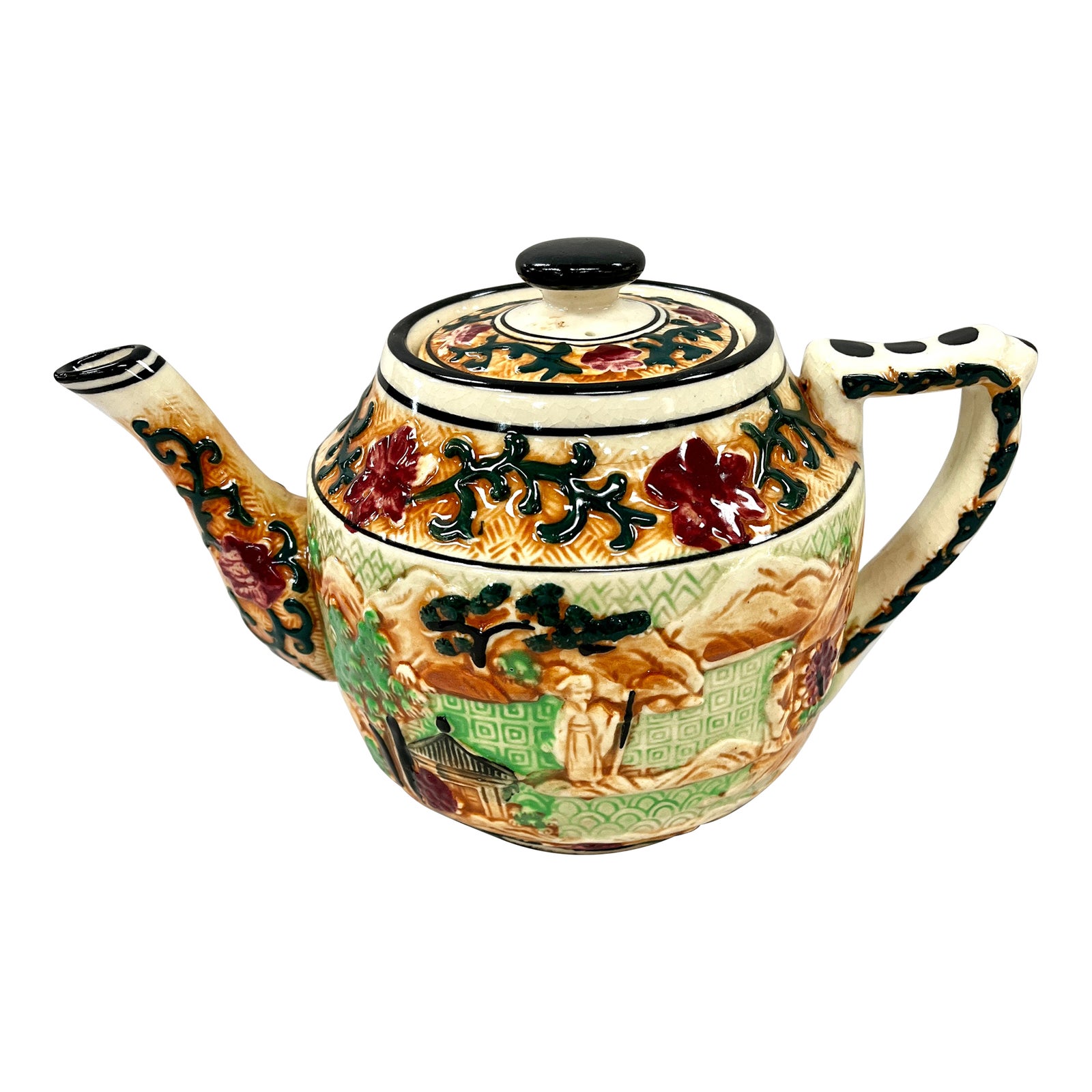 Vintage Majolica Teapot With Asian Designs | Chairish