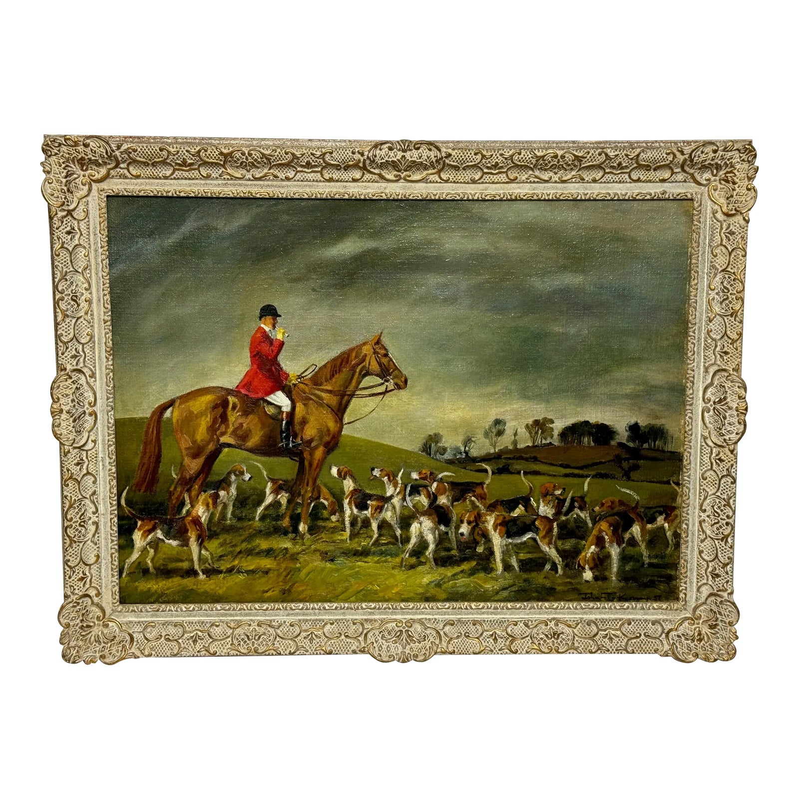 British Oil Painting Red Coat Huntsman With Hound Dogs Fernie Hunt by ...