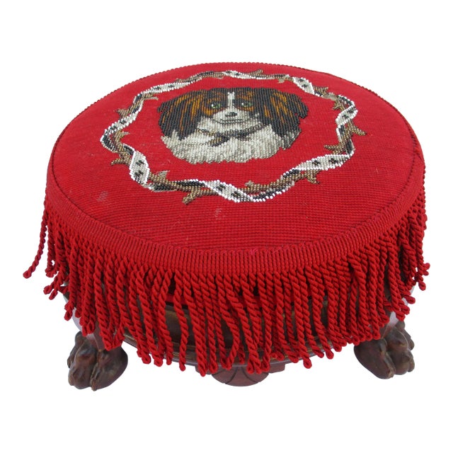 Round Mahogany Claw Foot Beaded Dog Motif Footstool | Chairish