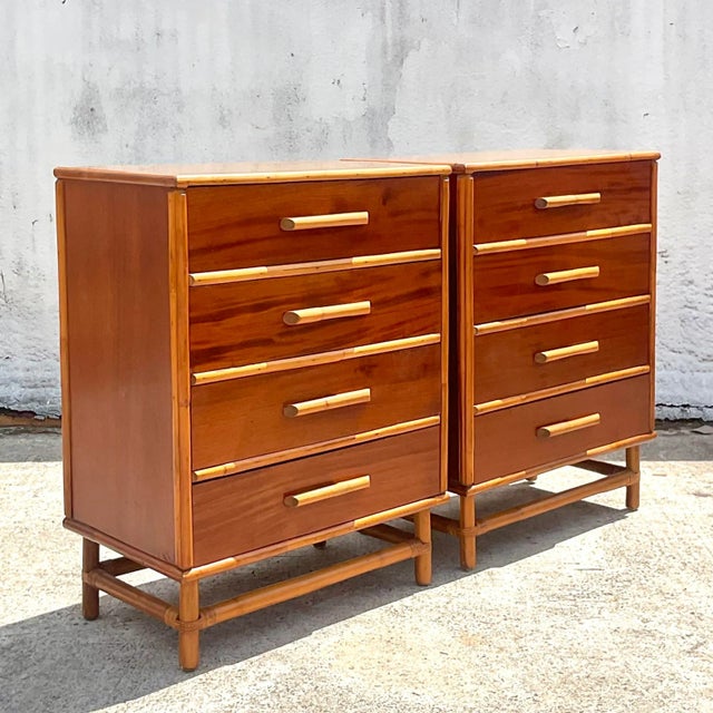 Vintage Coastal Trellis Rattan Mahogany Tall Chests - a Pair | Chairish