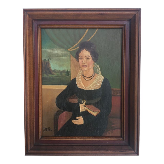 Folk Art Portrait of a Lady, Oil Painting on Wood Panel, Mid 20th ...