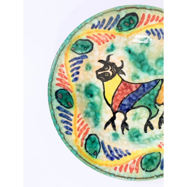 Vintage Mid-'Century Spanish Majolica Ceramic Bull Plate, Signed | Chairish