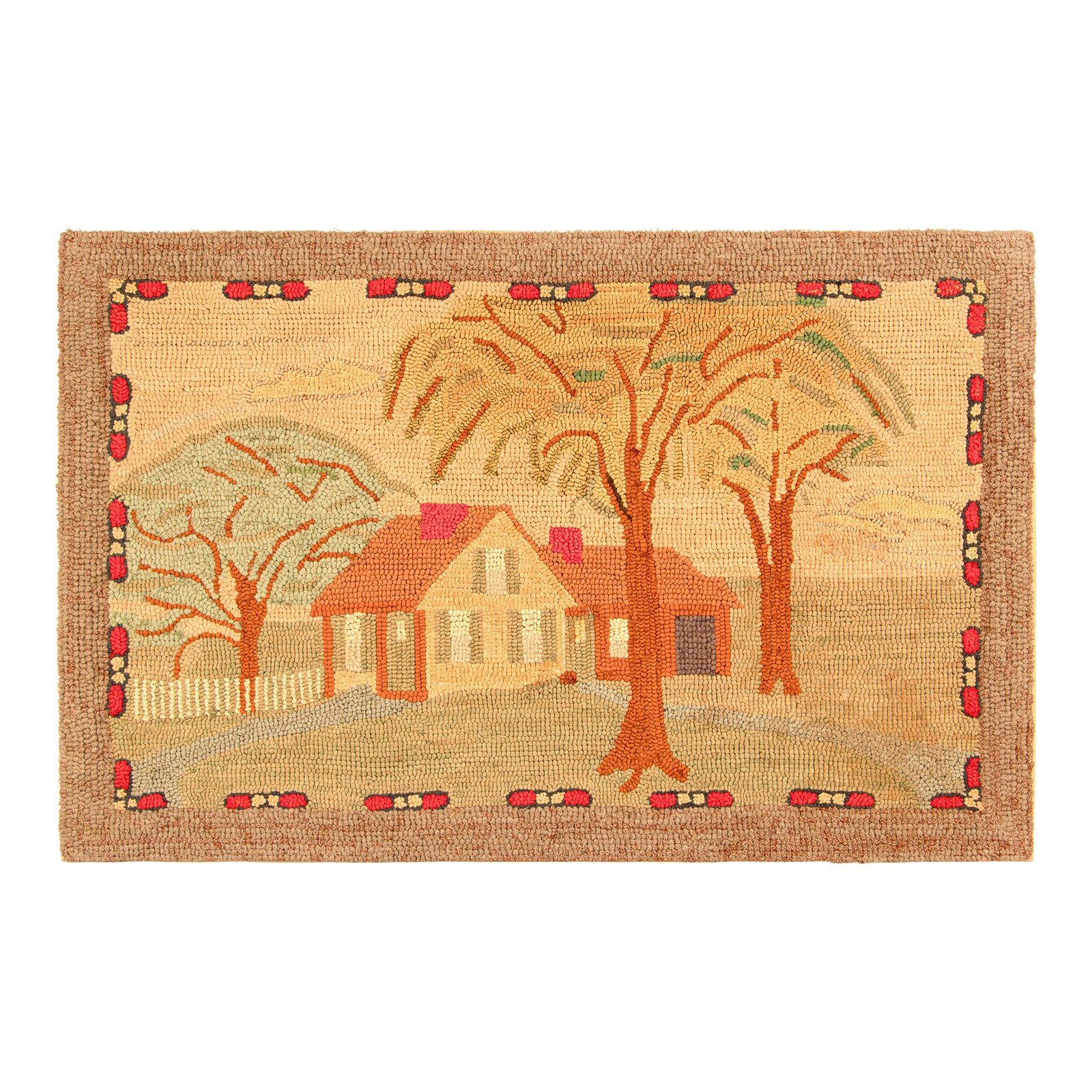 Antique Framed Hooked Rug, Beige and Green Country Home Pictorial - Rug ...