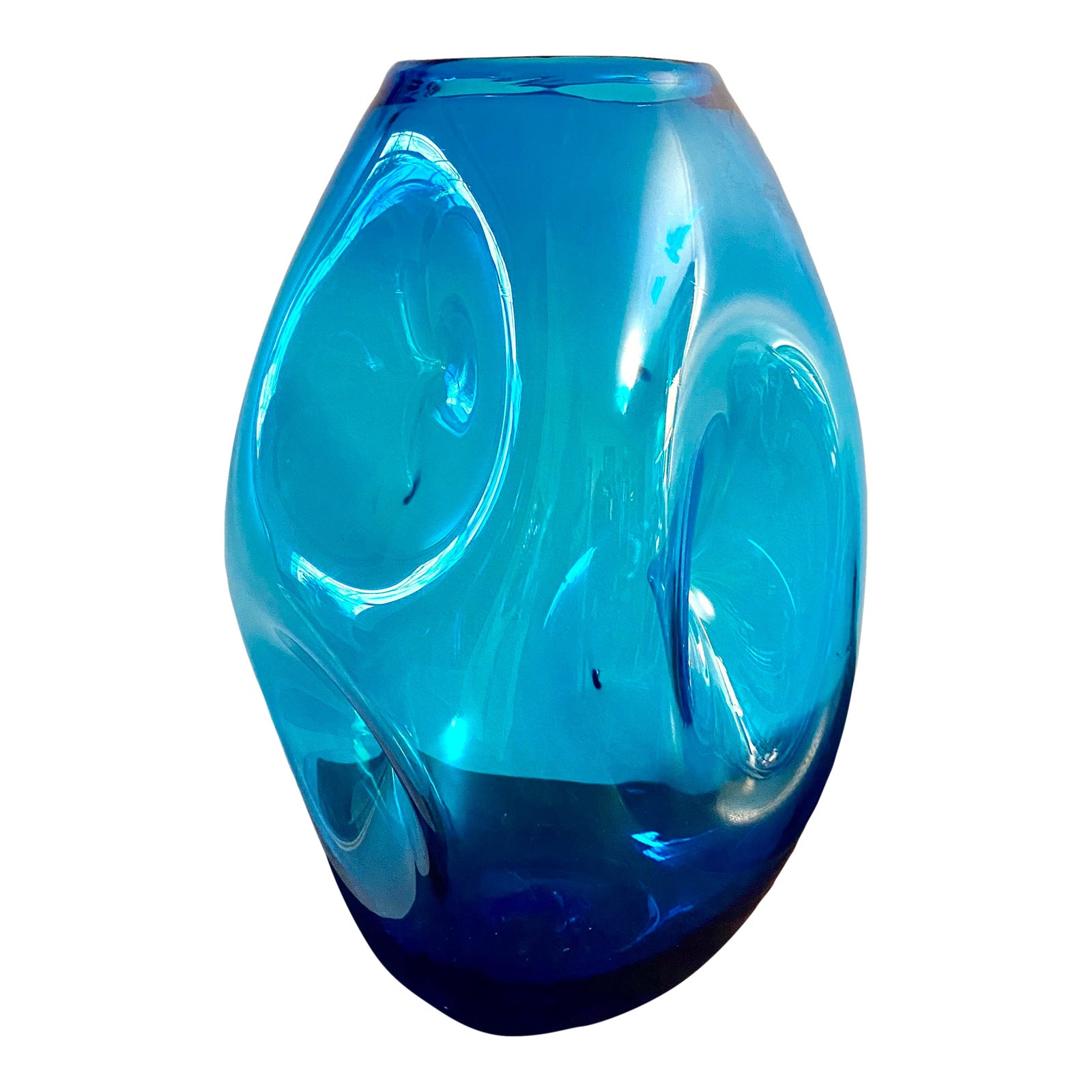 MCM Blenko Hand Blown Glass Dimple Pinch Vase in Bright Blue | Chairish