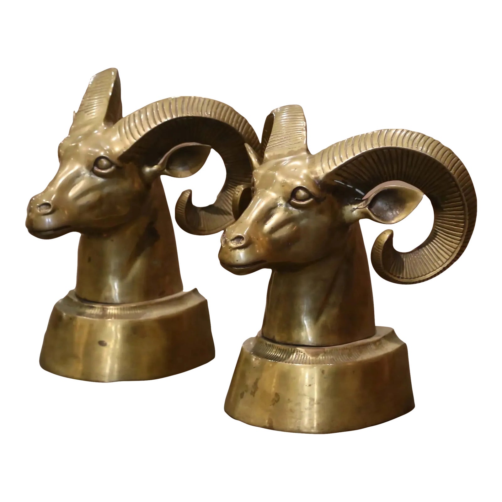 Pair of Vintage French Gilt Brass Ram Head Sculptures | Chairish