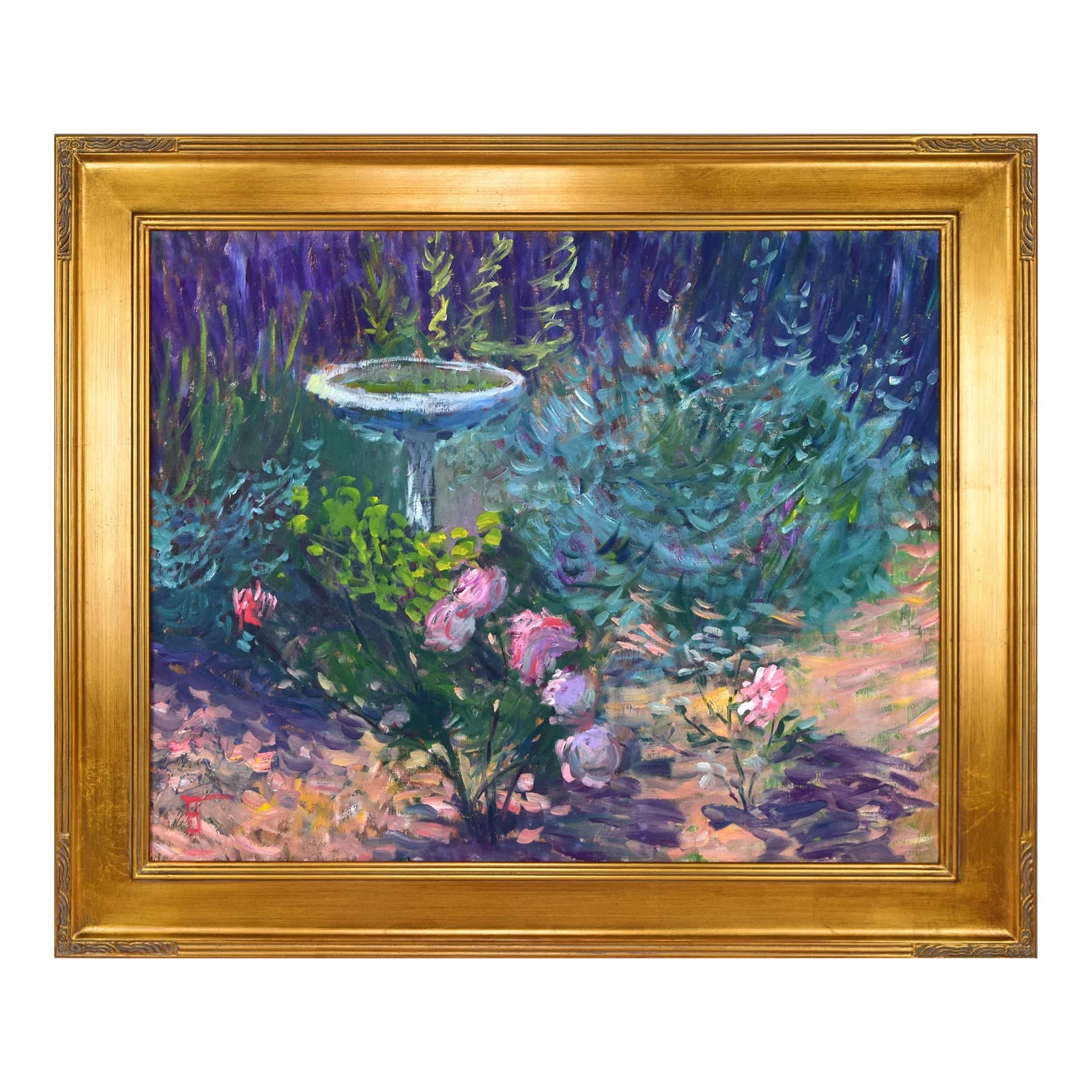 Vintage American Impressionist Landscape Painting With Roses and Bird ...
