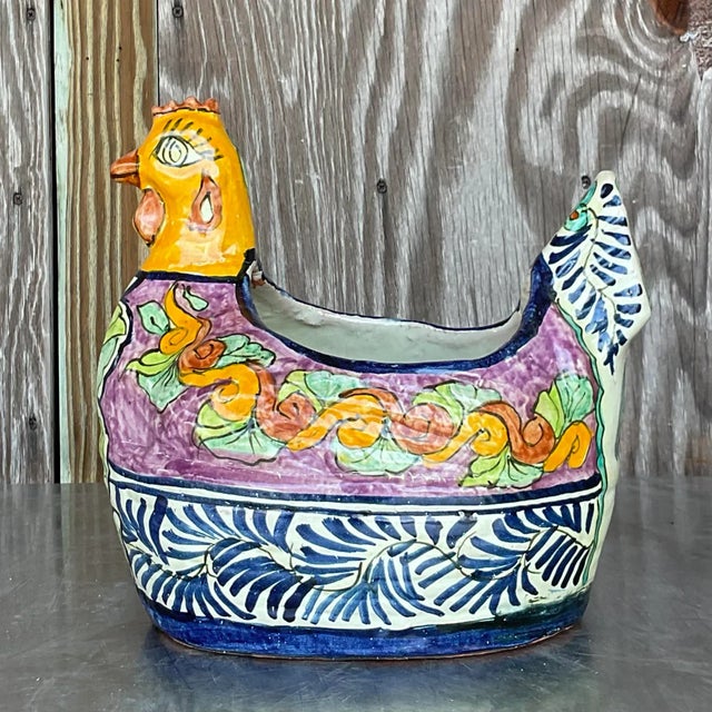 Vintage Boho Hand Painted Chicken Planter | Chairish