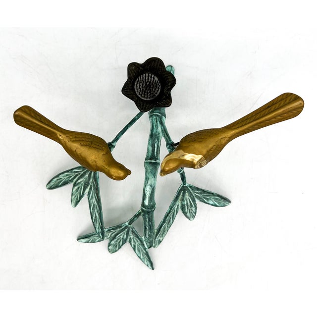 Vintage Verdigris Brass Birds on Bamboo Figurine and Flower Frog by ...