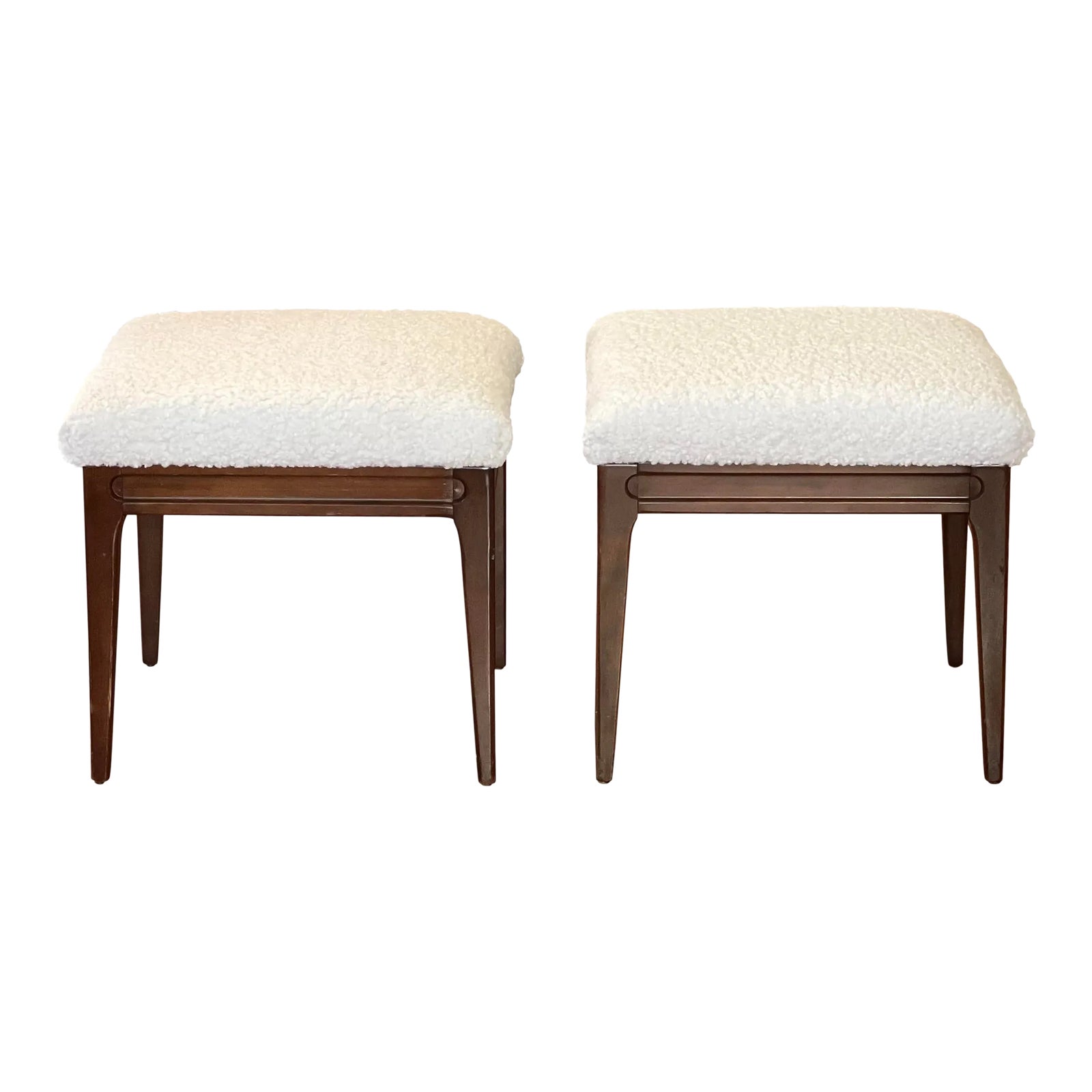 Mid 20th Century Walnut Bouclé Stools, a Pair | Chairish