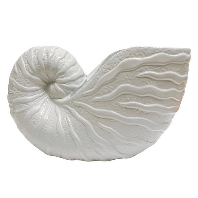 Contemporary White Ceramic Nautilus Shell Planter | Chairish