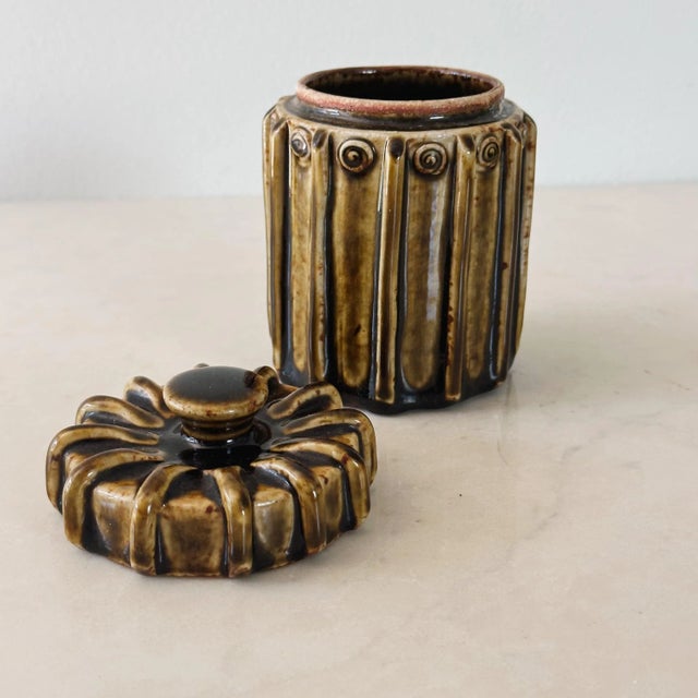 Mid-Century Pottery Lidded Crown Jar in Green Ochre Glaze | Chairish