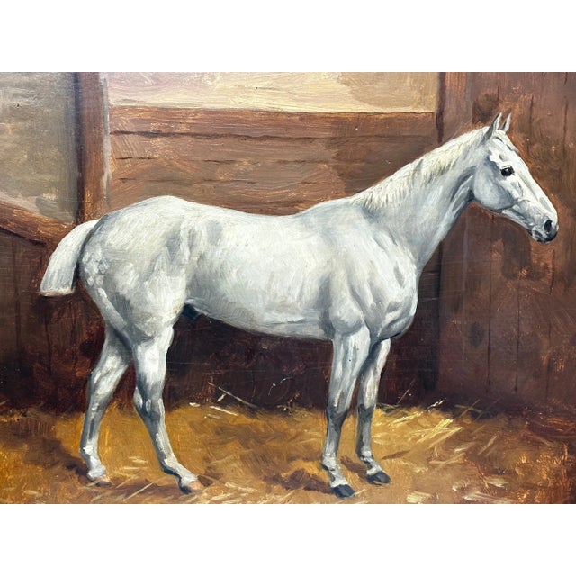 British Oil Painting of a Victorian White Horse in Stable by Godfrey ...