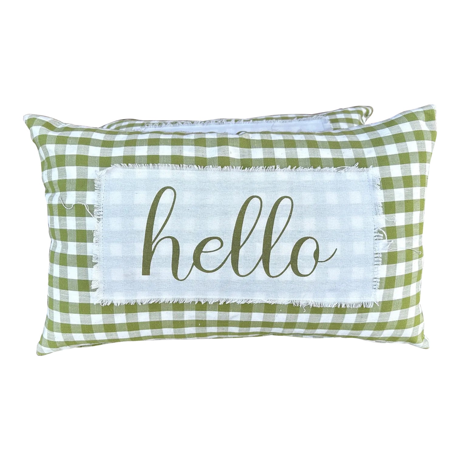 Pair of Green Checked "Hello" Pillows | Chairish