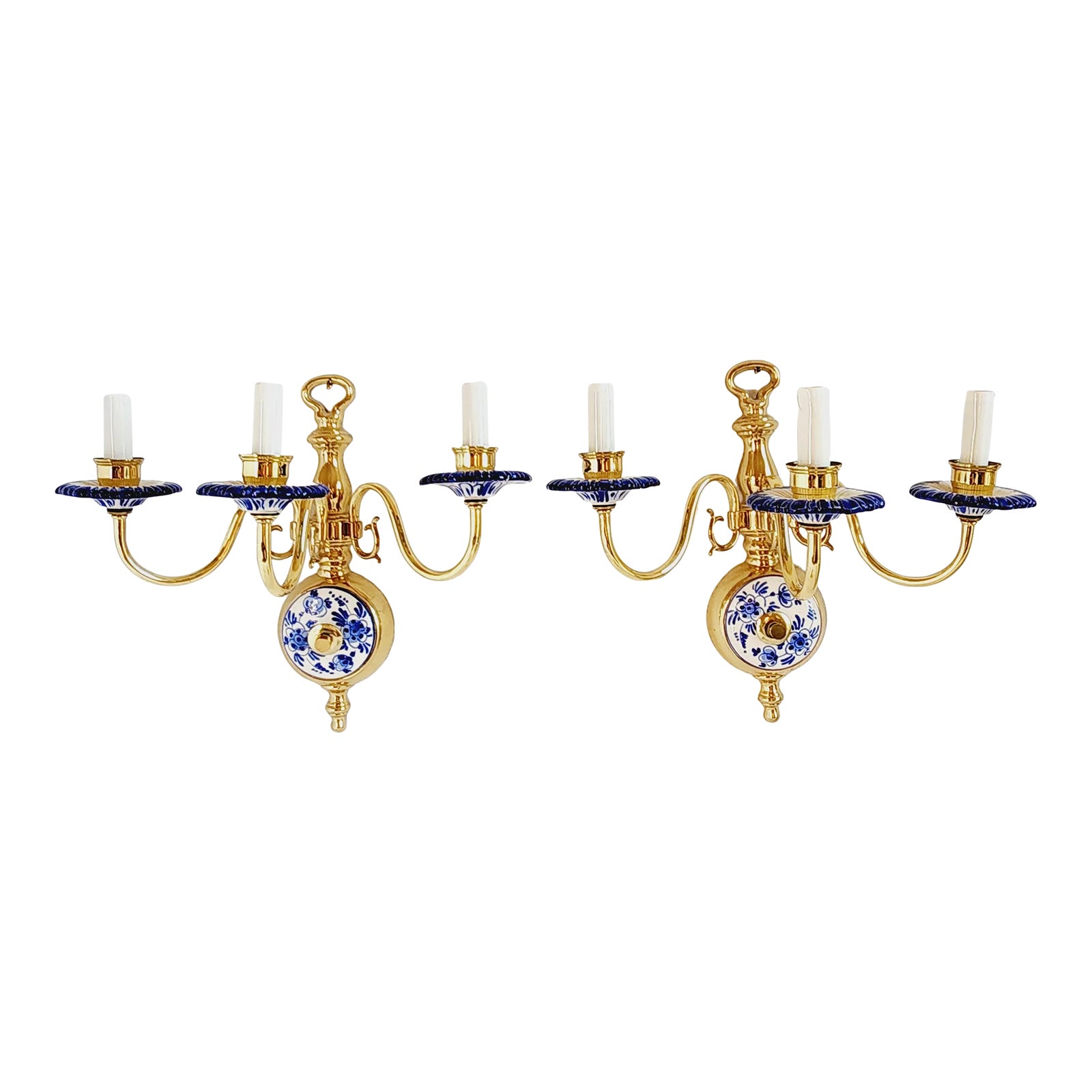 Dutch Delft Blue Porcelain & Brass Wall Sconces-A Pair | Chairish