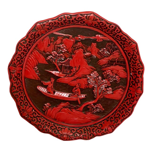 Chinese Hand Carved Cinnabar Red Plate | Chairish