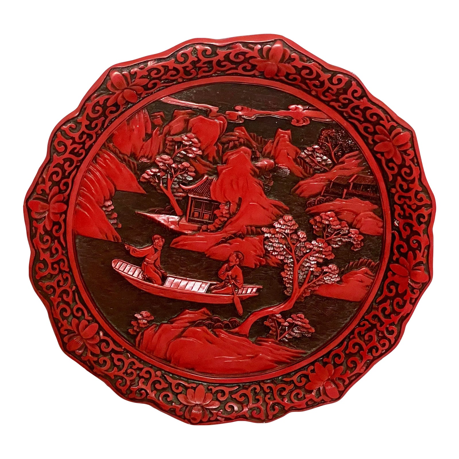 Chinese Hand-Carved Lacquer Red Cinnabar Resin Plate (Boat Scene ...