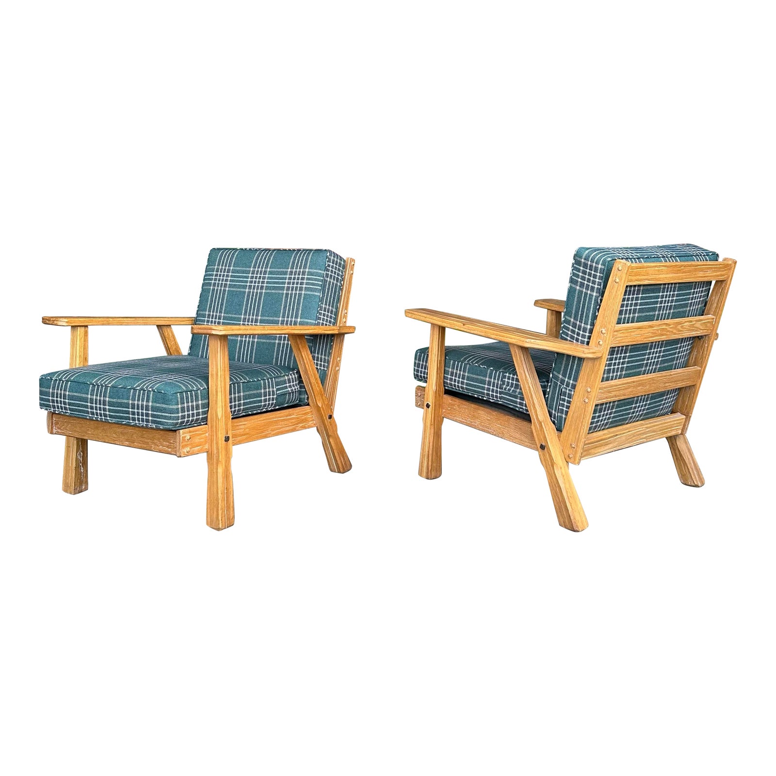 Pair of Ranch Oak Lounge Chairs Reupholstered in Plaid From Pindler ...