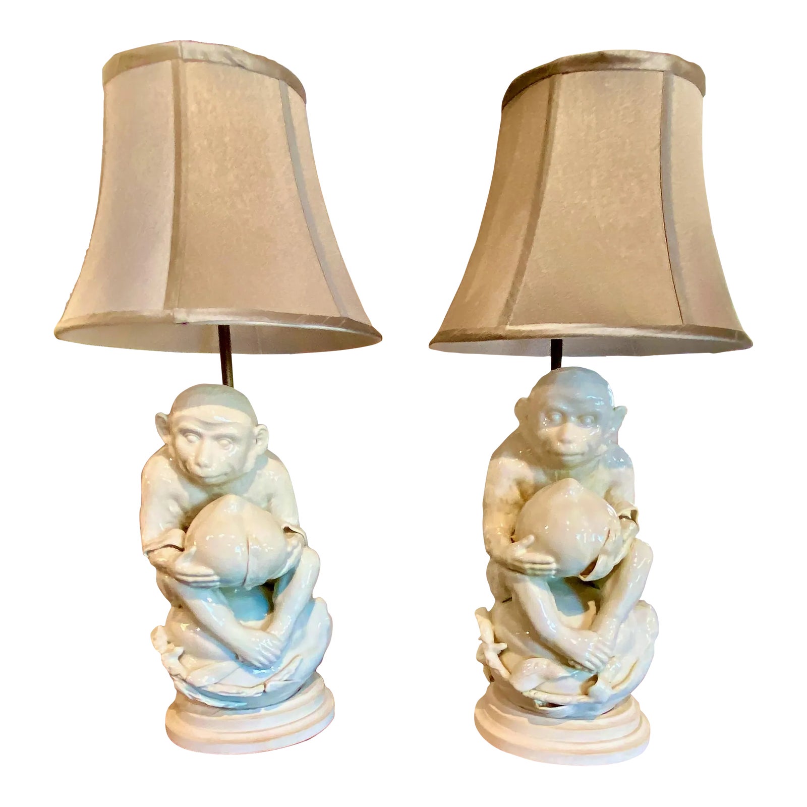 Pair Blance De Chine Monkey Lamps | Chairish