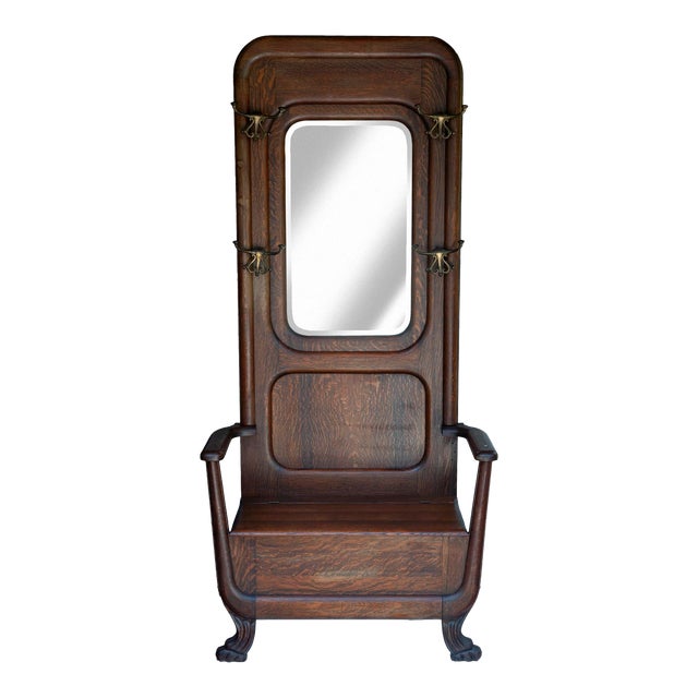 Vintage Deco Oakwood Hall Tree With Mirror & 4 Hooks | Chairish