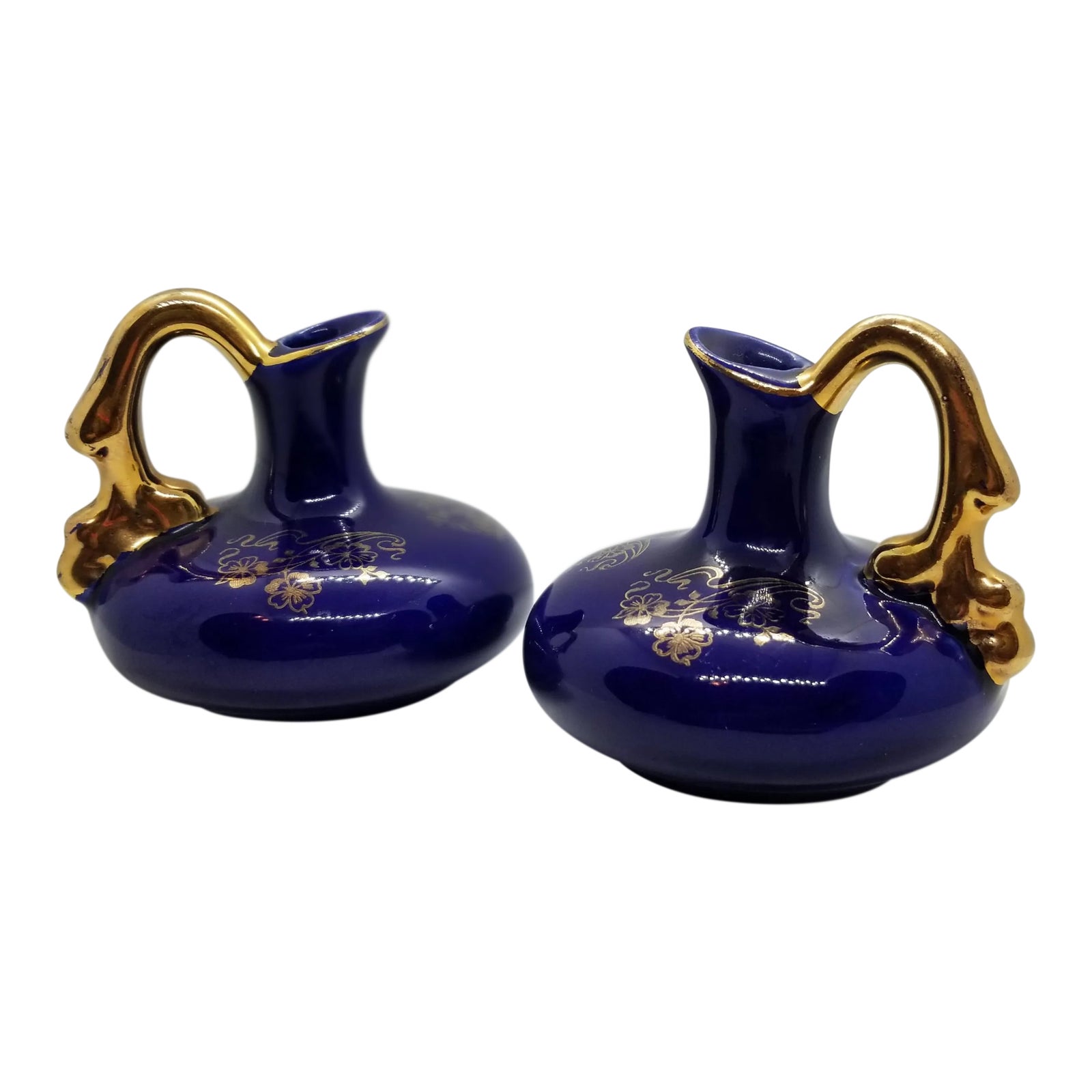 Art Deco Dark Blue Porcelain Pitcher Cruets with 22k Gold Hand Painted ...