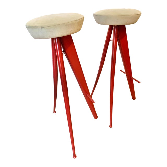 Modern Scandinavian Red Bar Stools - a Pair | Chairish