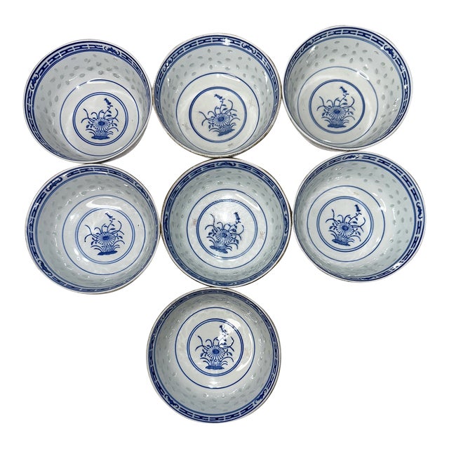 1970s Chinese Porcelain Rice Wear Gold Gilded Rim Rice Soup Bowls - Set ...