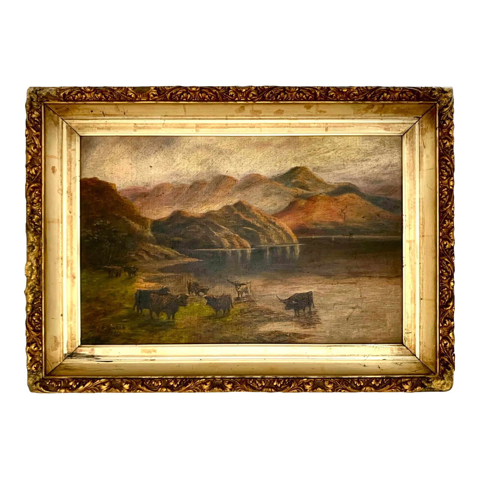Antique Painting Cows by Mountain Stream Oil on Canvas Signed J ...