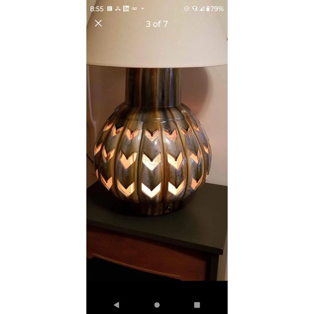 Vintage Chevron Pottery Lamp All Original with Shade | Chairish