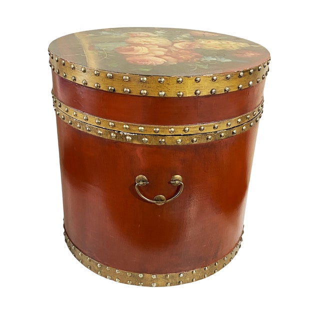 Large English Style Wooden Round Painted Box With Flowers | Chairish