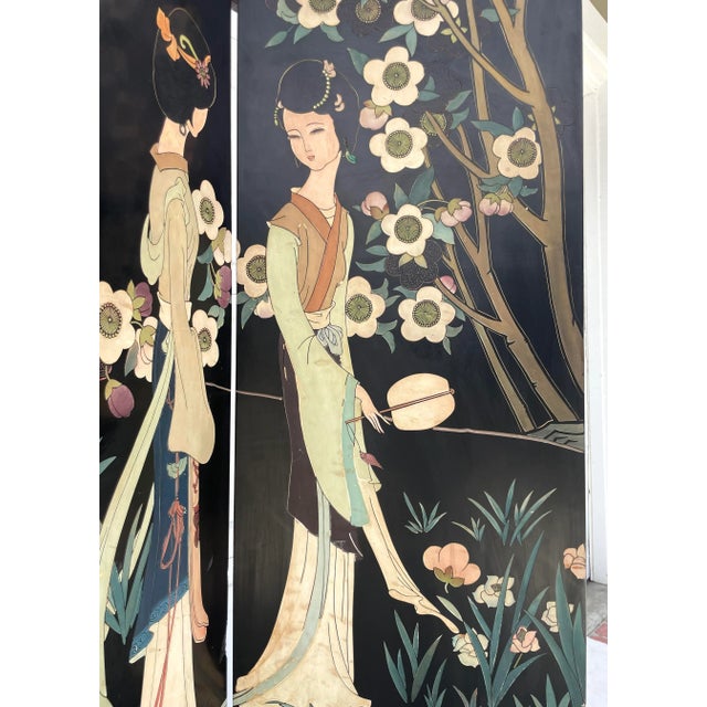 Chinoiserie 4-Panel Folding Black Lacquer Geisha Japanese Screen | Chairish