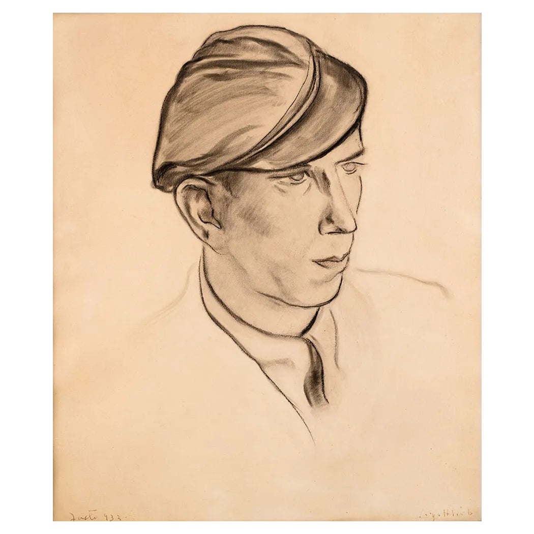 Leopold Gottlieb, Portrait of a Man in a Cap, 1932, Charcoal Drawing ...