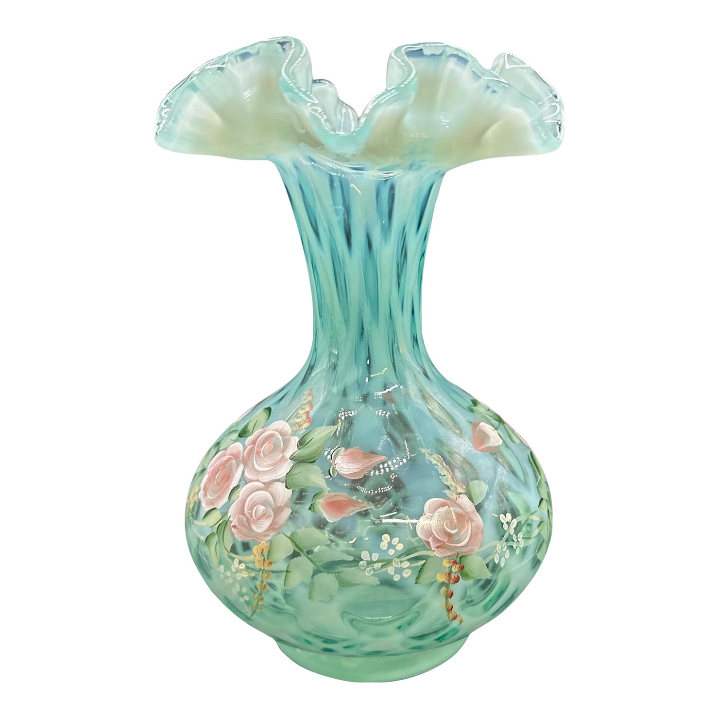 1996 Fenton Opaline Blush Rose Glass Vase Artist Signed by L. Emerson ...