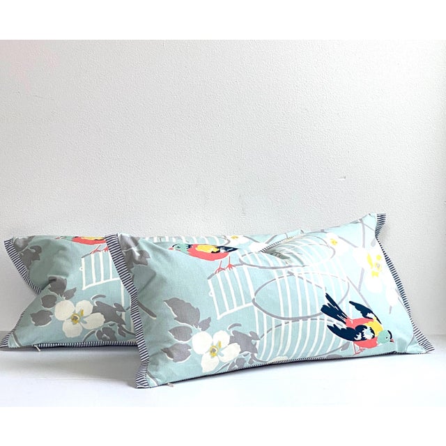 Kate Spade Birdsong Aqua Pillow with Blue Ticking Stripe on Back and ...