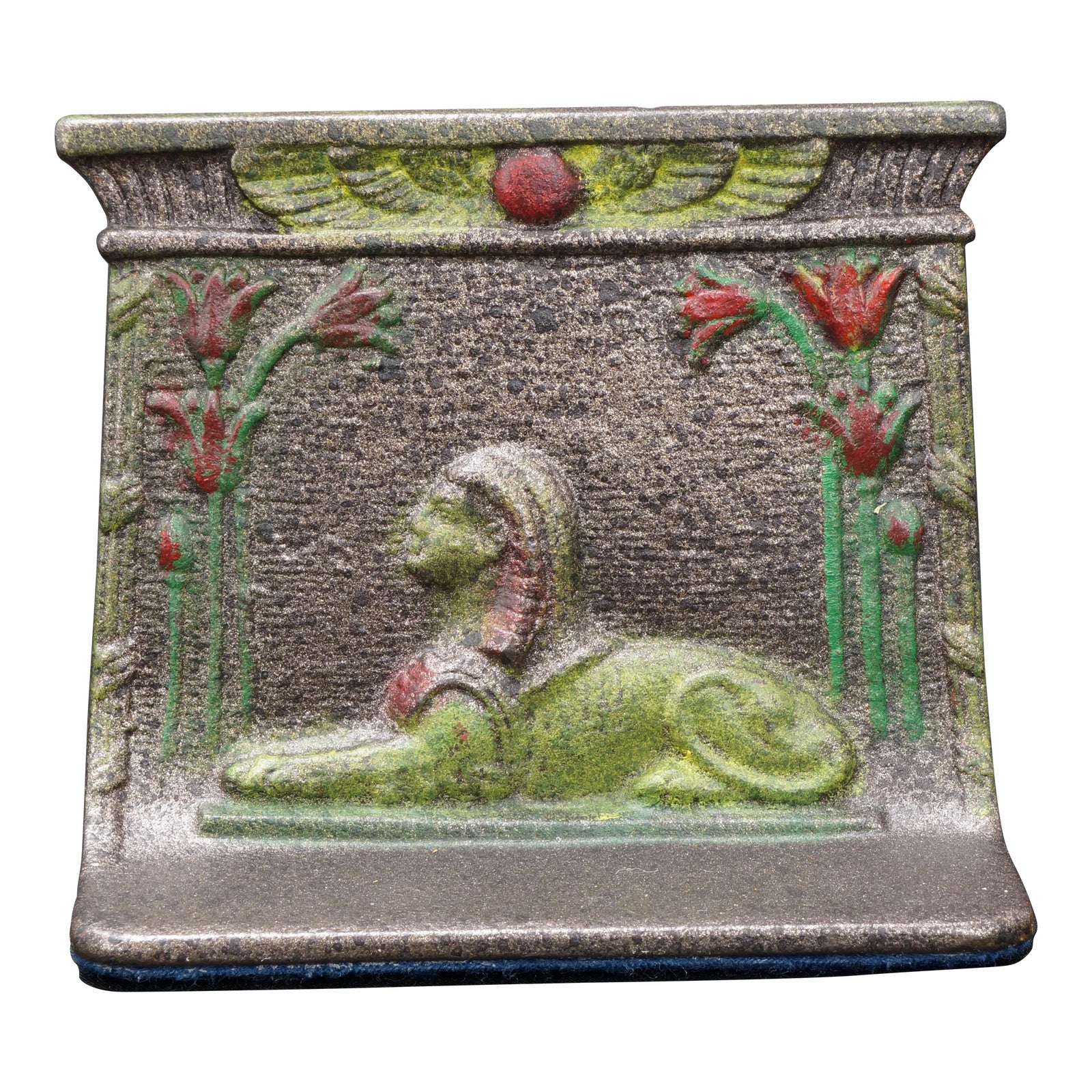 Tutmania Sphinx Profile Polychrome Cast Iron Bookend Circa 1926 | Chairish