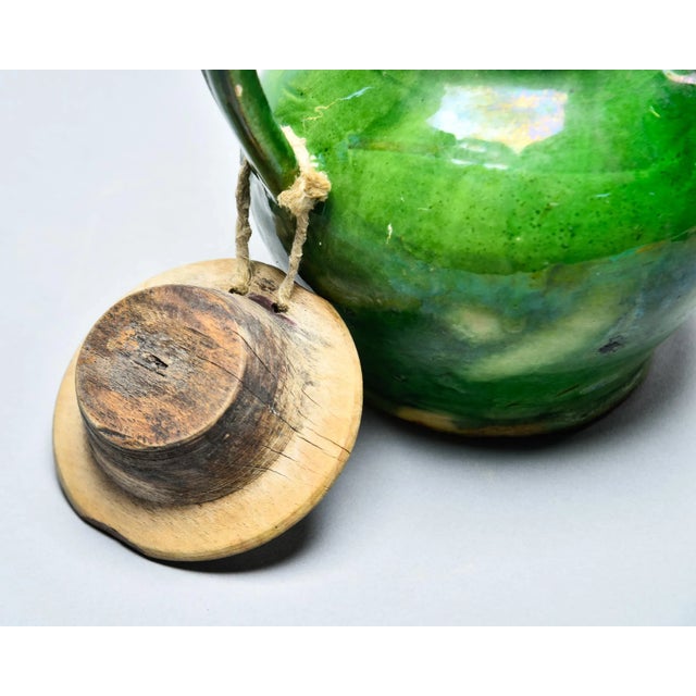 French Green Water Jug With Wooden Lid | Chairish