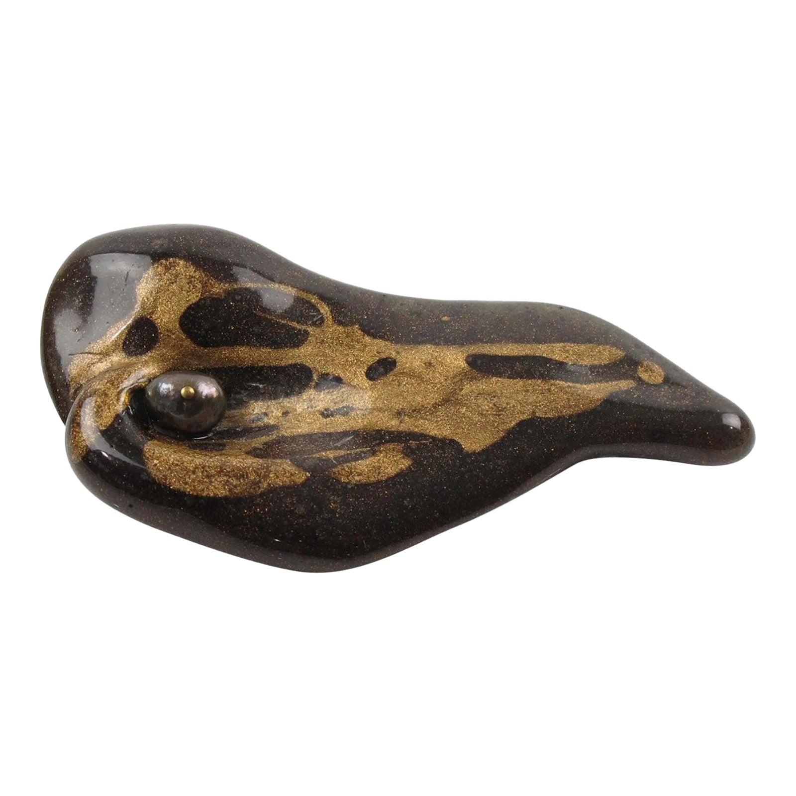 Pellini Italy Modernist Pin Brooch Brown Resin and Pearl | Chairish