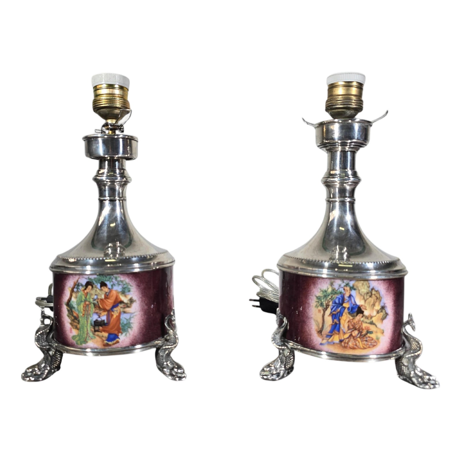 Asian Silver and Enamel Lamps, 1940, Set of 2 | Chairish