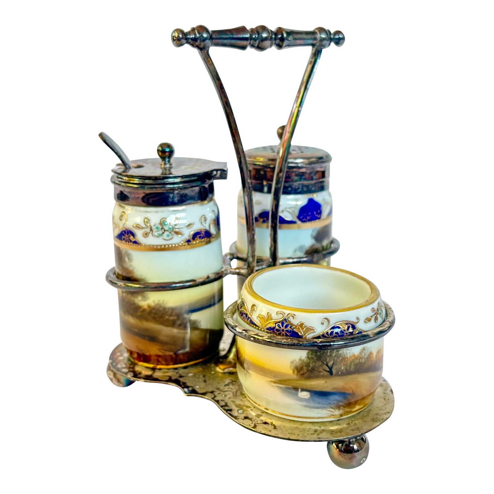 1920s Noritake Cruet Condiments Set With Landscape Scene Gold & Blue ...