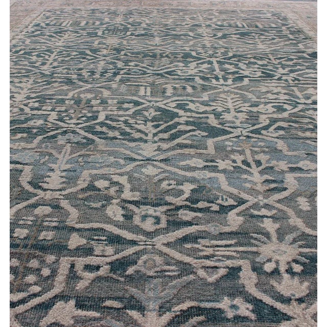 Modern Khotan Rug With Geometric Design in Teal Green/Blue Background ...