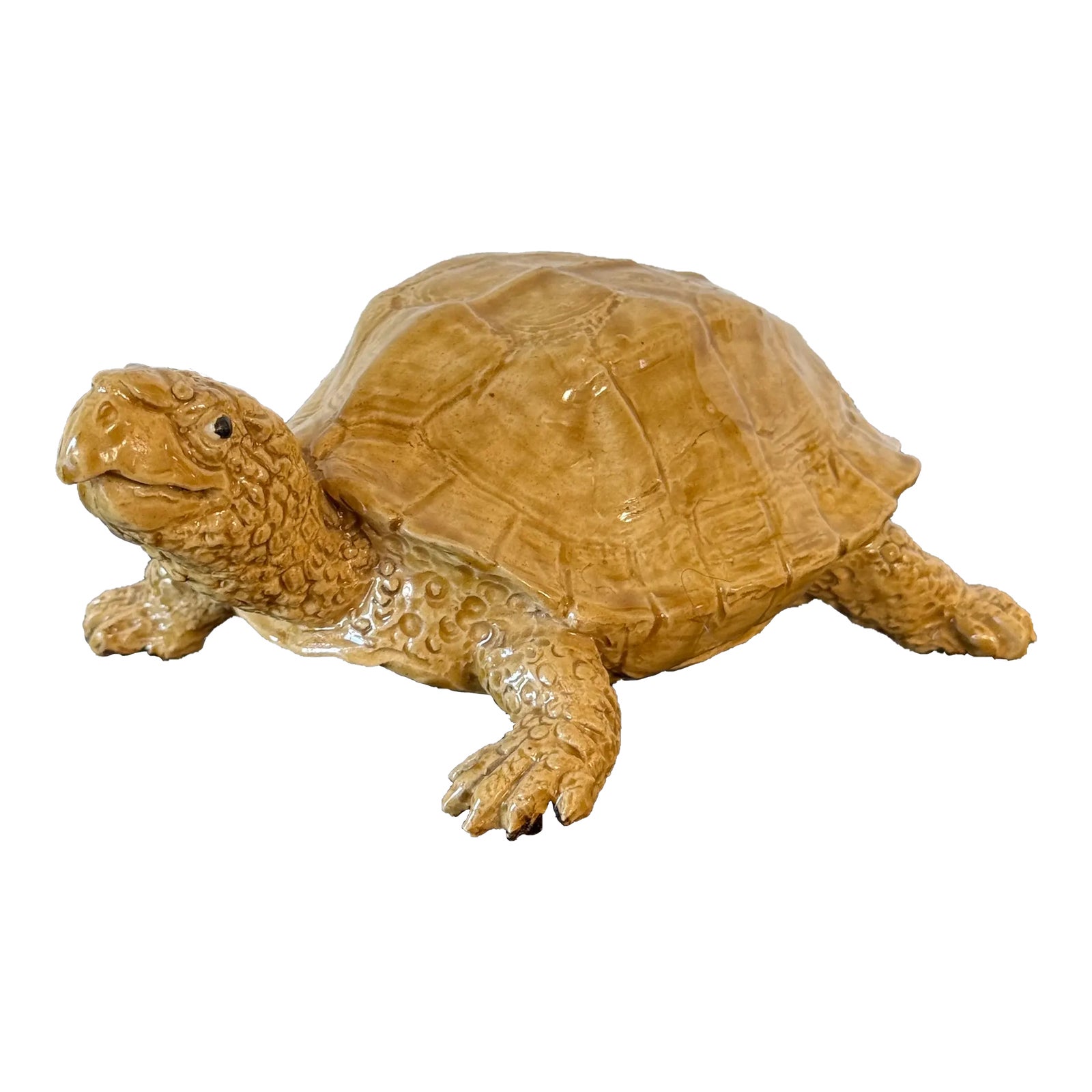 Vintage Ceramic Figurine of a Box Turtle in Ochre Glaze | Chairish