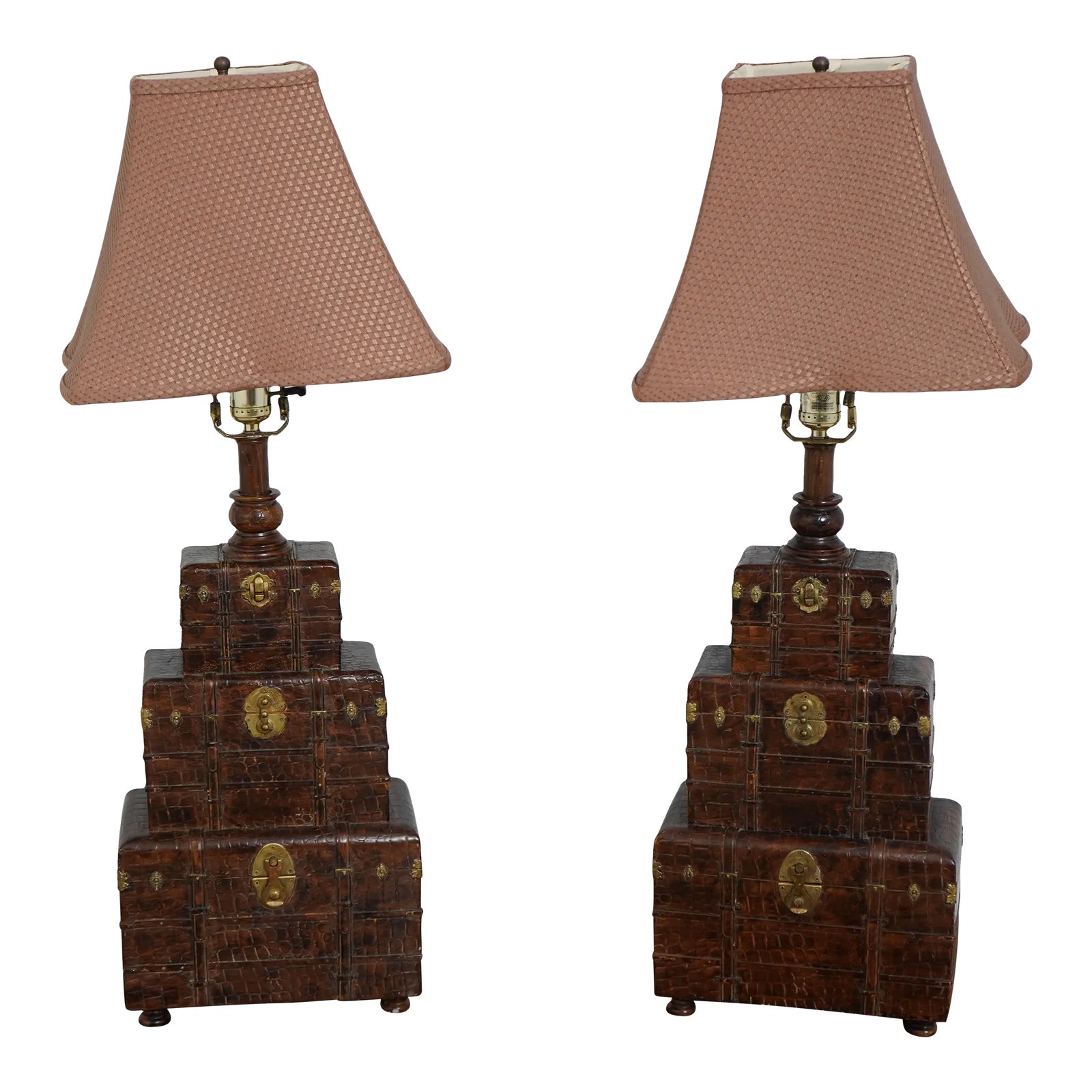 Pair Textured Leather Design Stacking Chest Lamps | Chairish