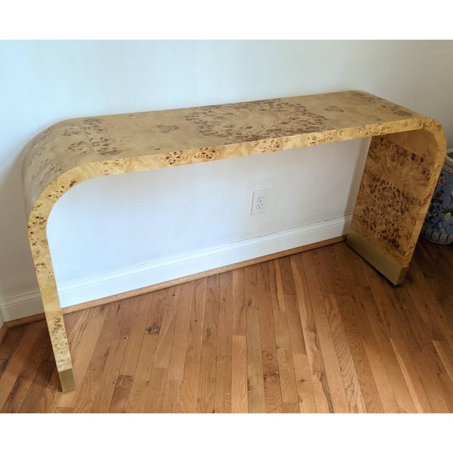 Burlwood and Brushed Brass Waterfall Console Table | Chairish