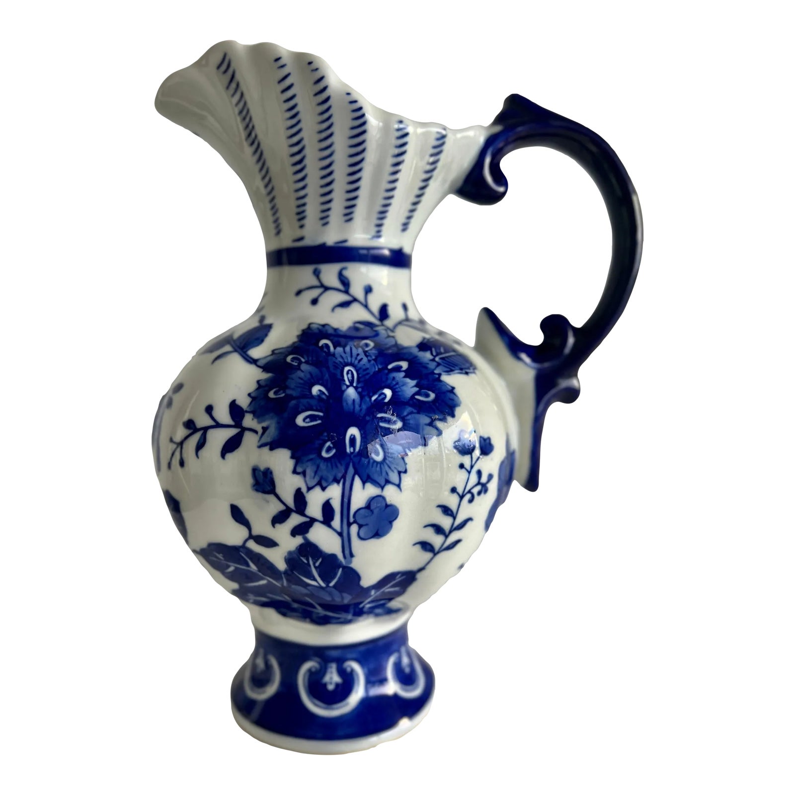 Chinoiserie Blue Scroll Ceramic Cobalt Blue & White Pitcher | Chairish