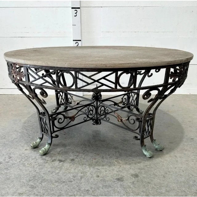 Antique French Forged Wrought Iron Bronze & Stone Patio Table | Chairish
