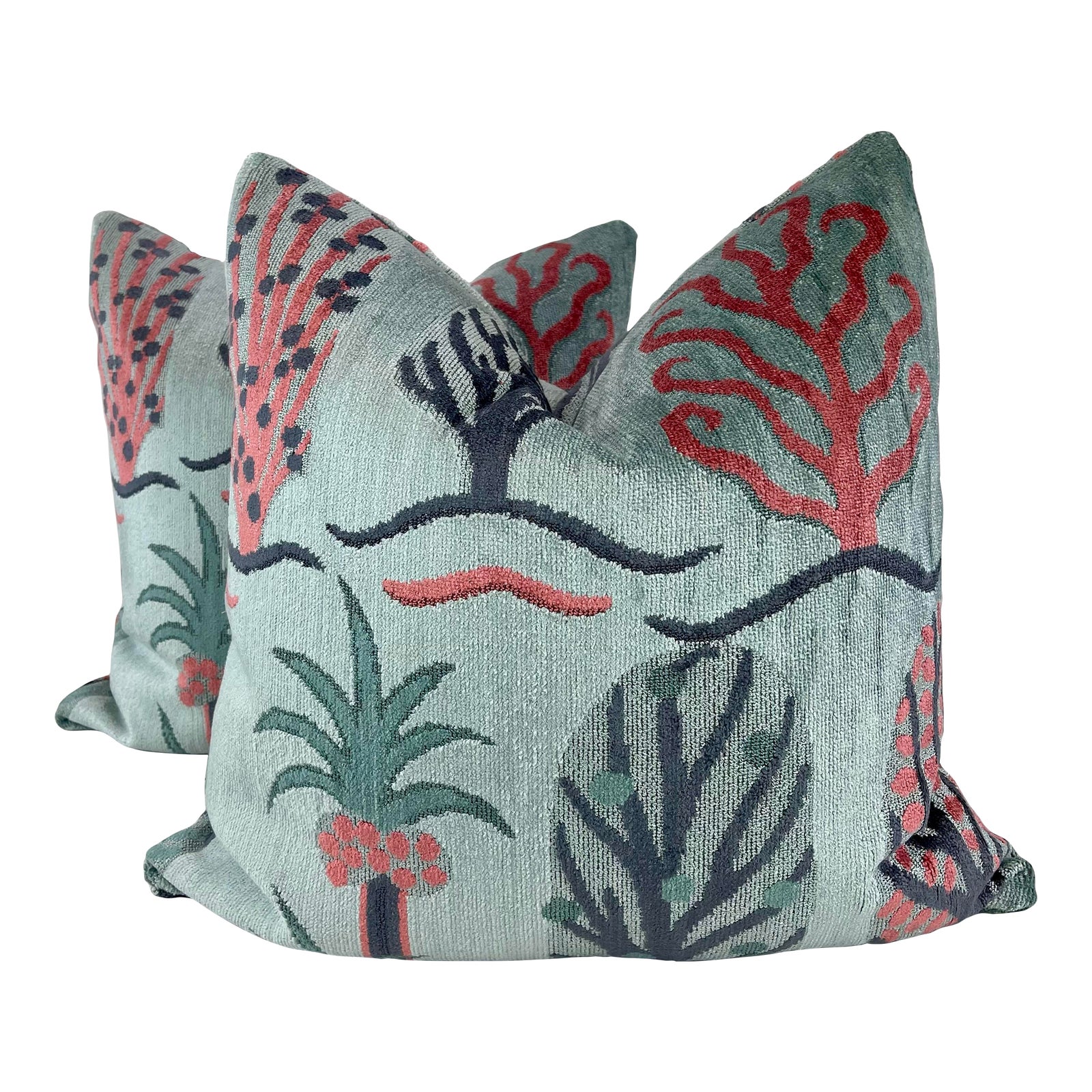 Coral Motif Velvet in Aqua 22" Pillows-A Pair | Chairish