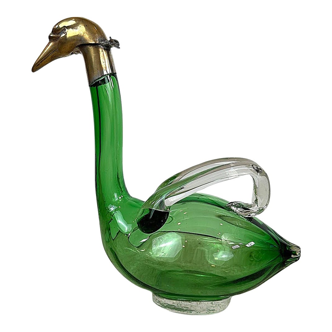 1920's Art Deco Austrian Brass & Green Crystal Swan Decanter | Chairish