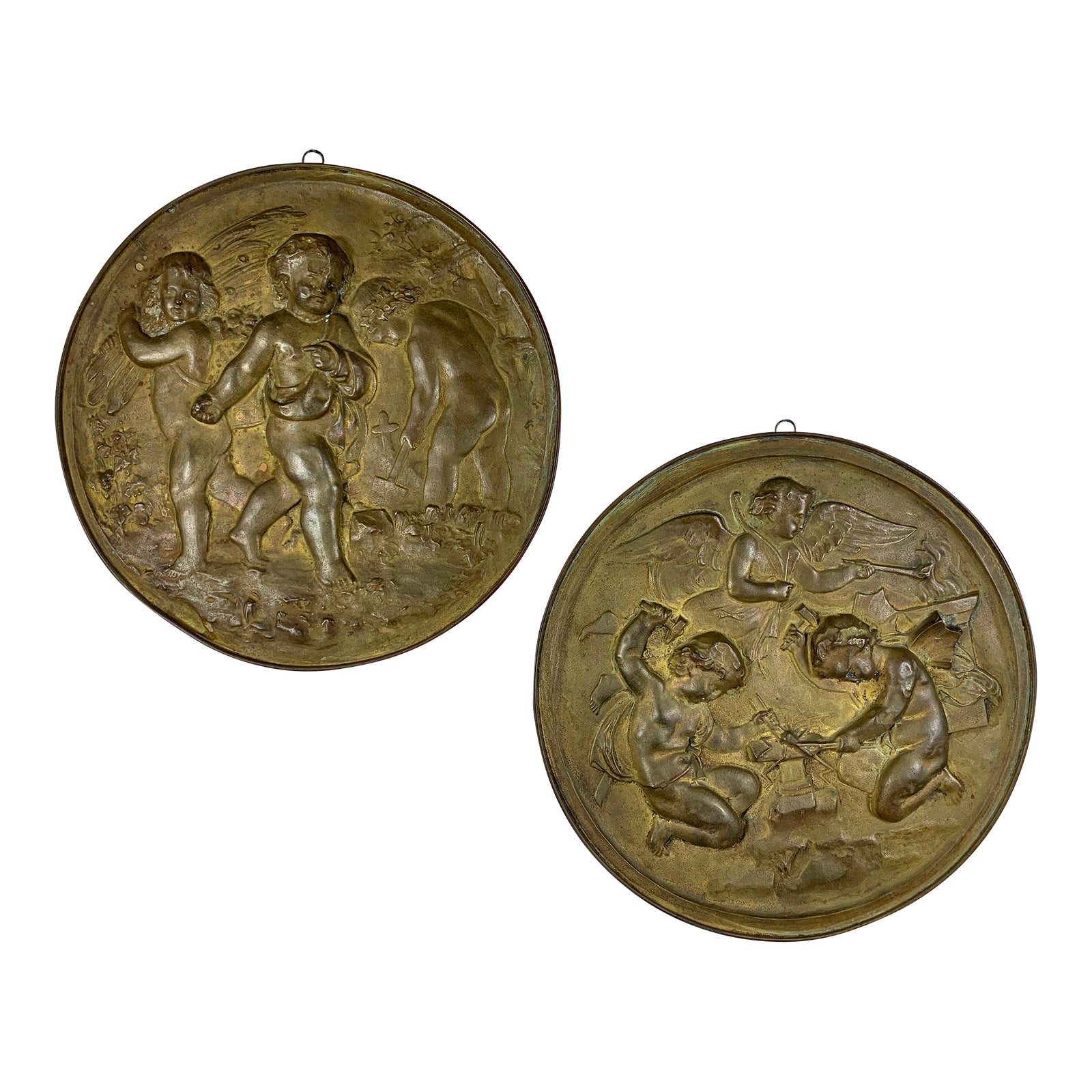 Pair of 19th Century Angels at Work Brass Repousse Decorative Rounds ...