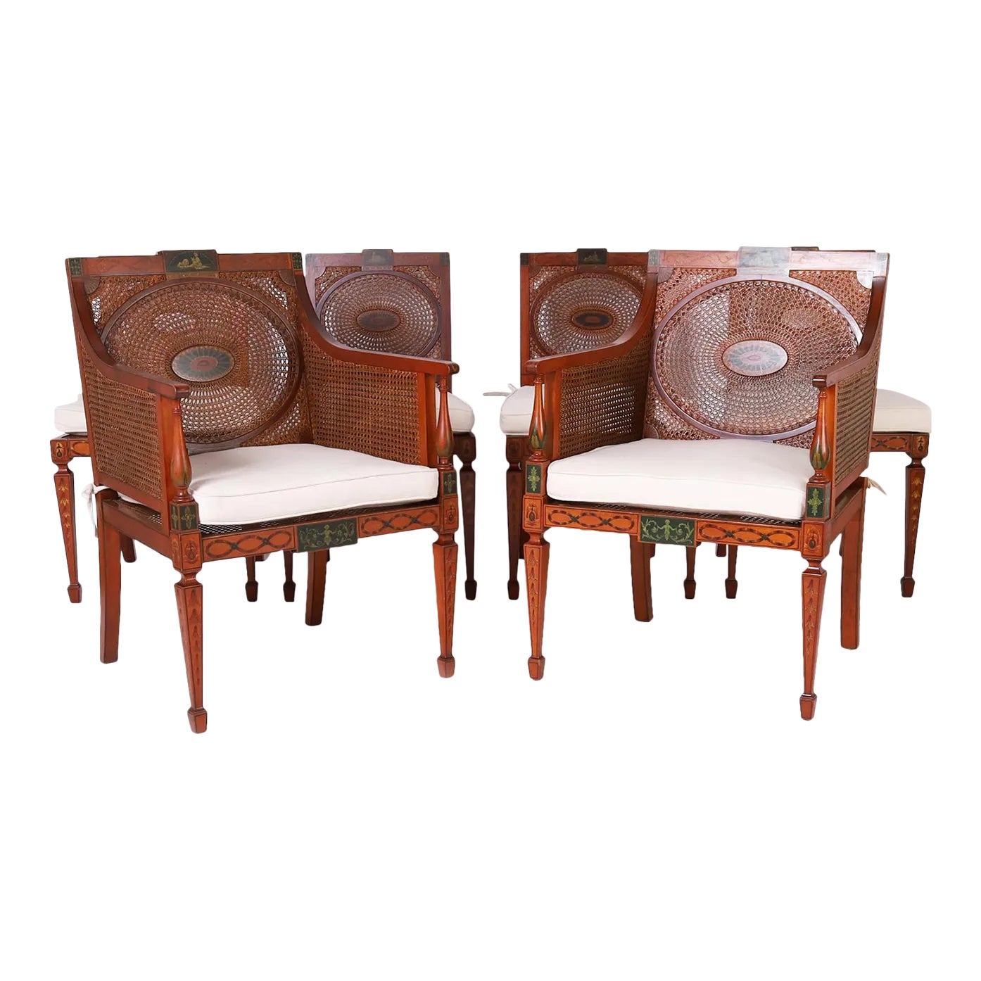 Six Neoclassic Caned and Decorated Adam Style Dining Chairs | Chairish